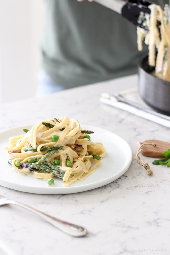 Spring Vegetable Fettuccine Alfredo - Love Grows Wild
