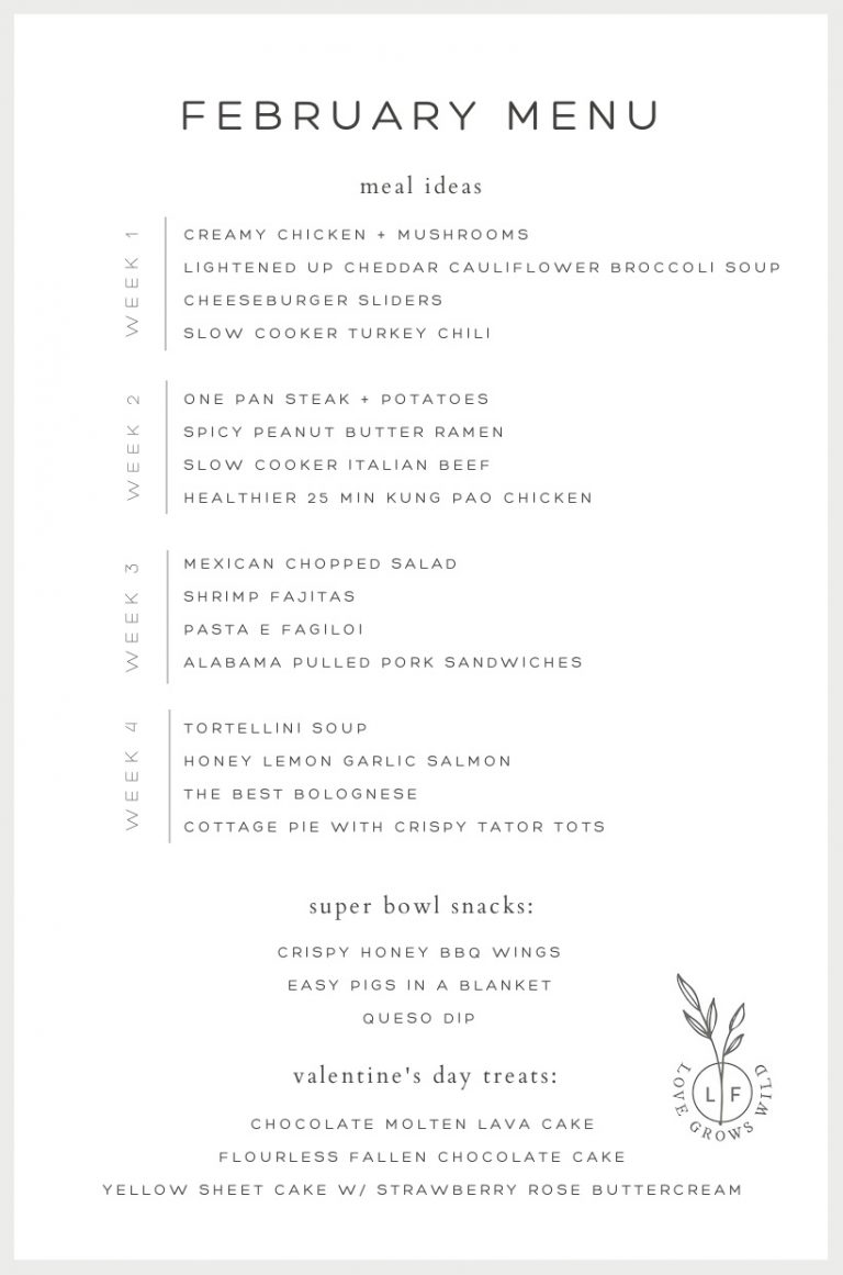 February Monthly Menu - Love Grows Wild
